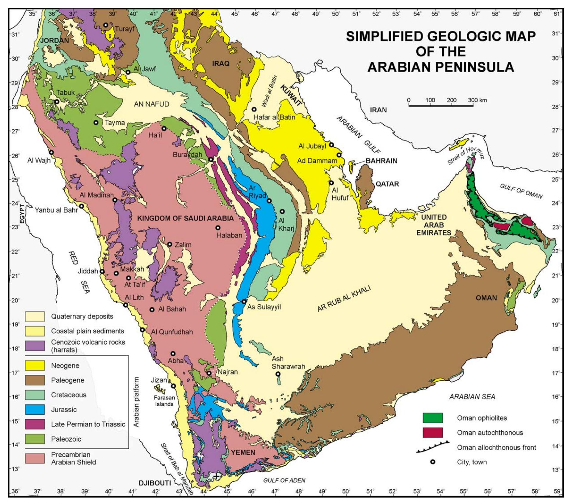 Simplified geological map of arabian peninsula. in central