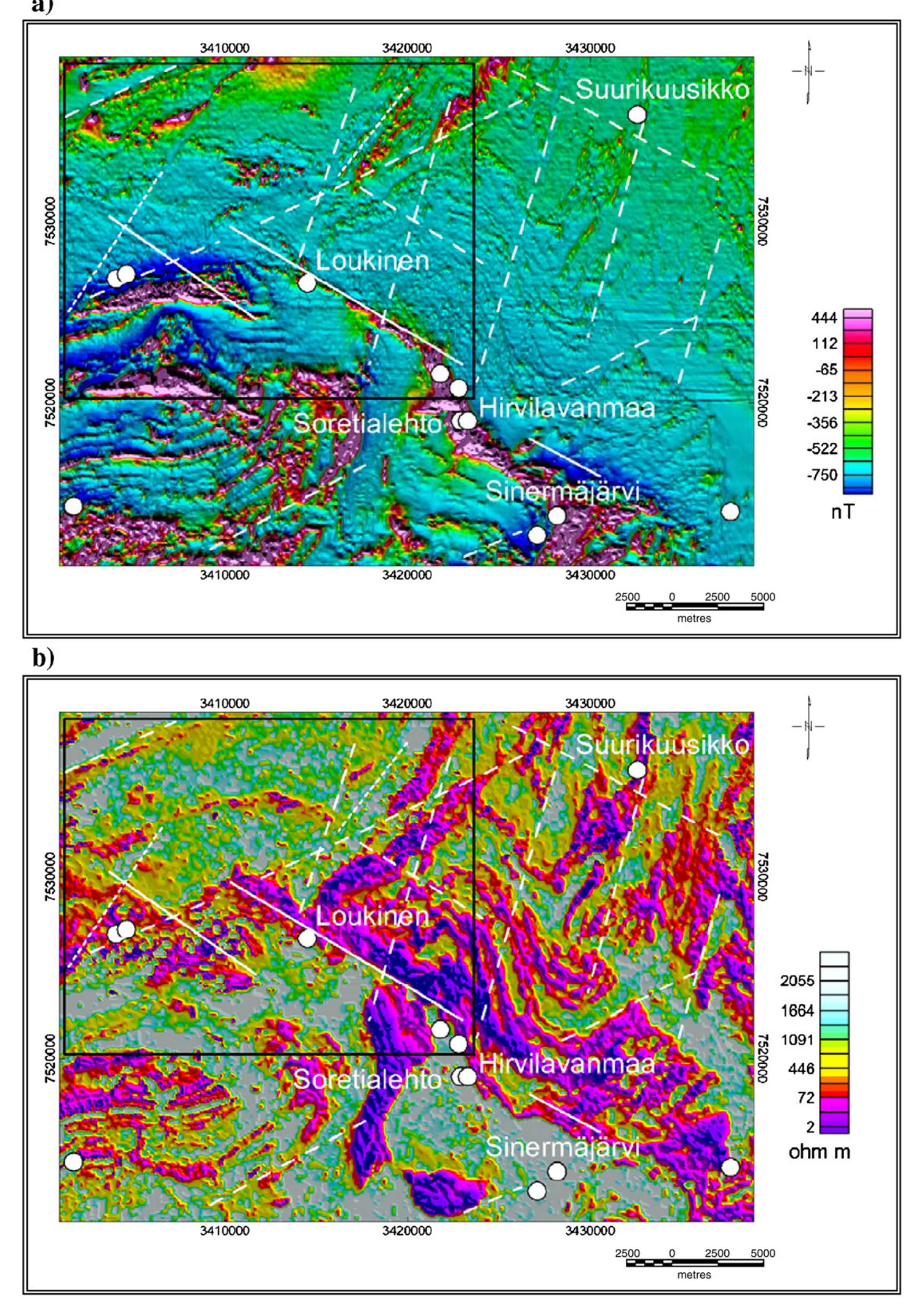 (a) aeromagnetic map, (b) apparent resistivity half-space