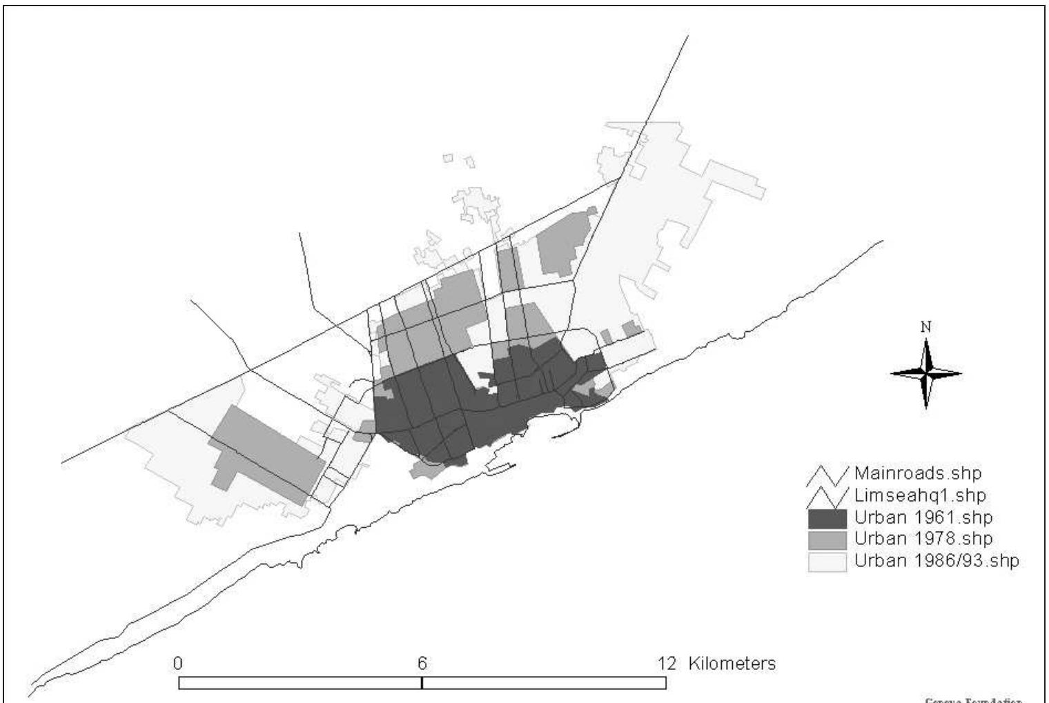 Mogadishu: evolution of the urbanised area note: boundaries