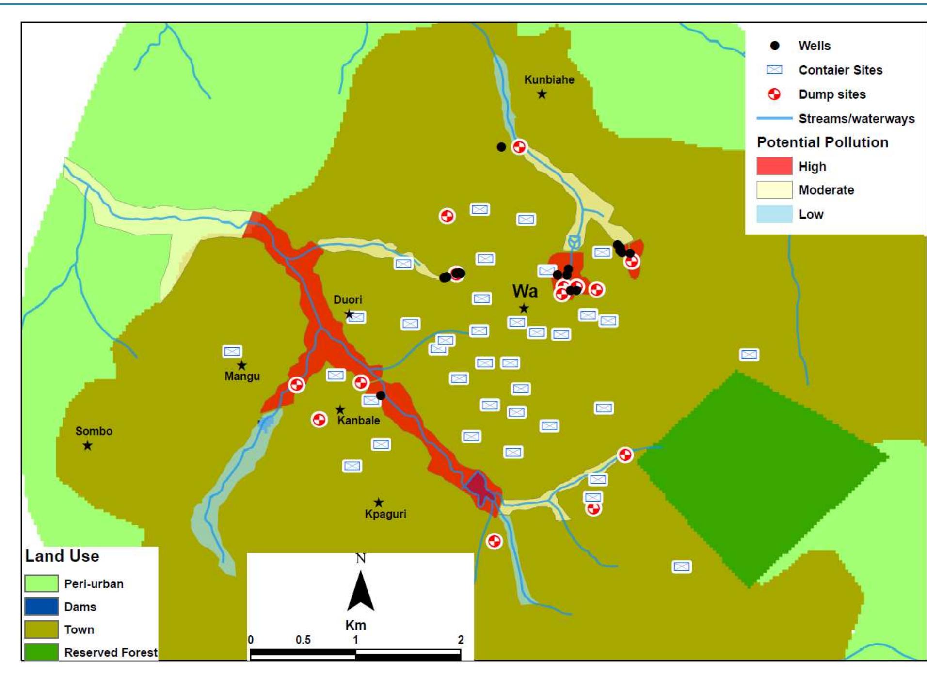 Surface water and pollution risk map for wa, ghana.