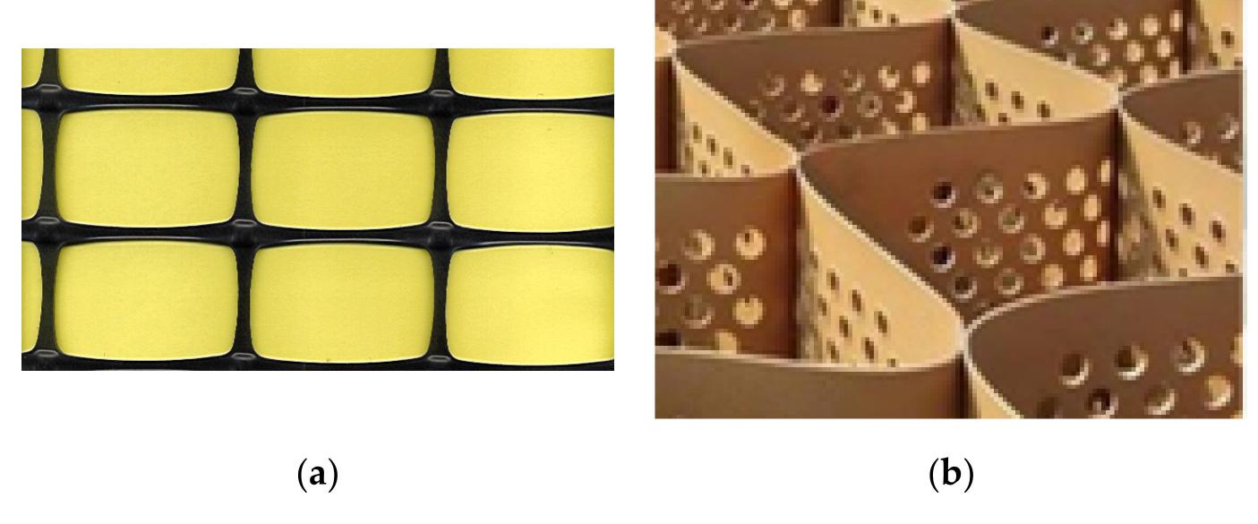(a) typical biaxial geogrid and (b) typical geocell.