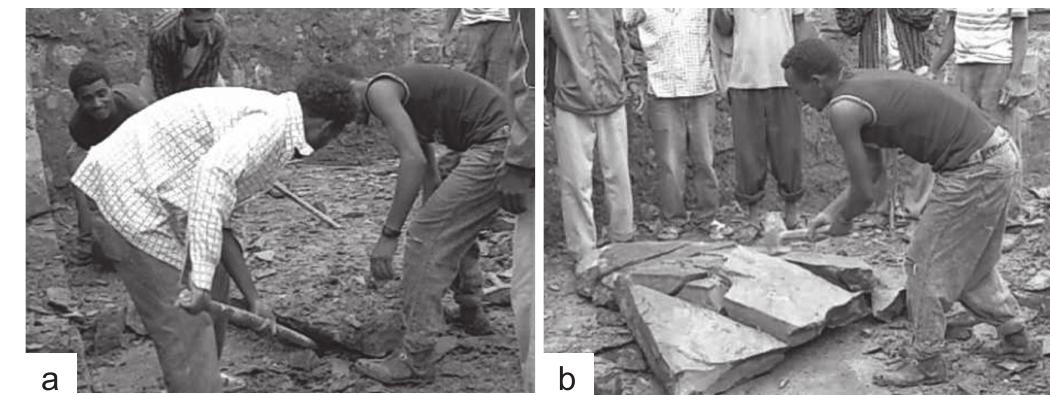 Workflow at quarry (a: splitting a a rock; b: smashing a 1