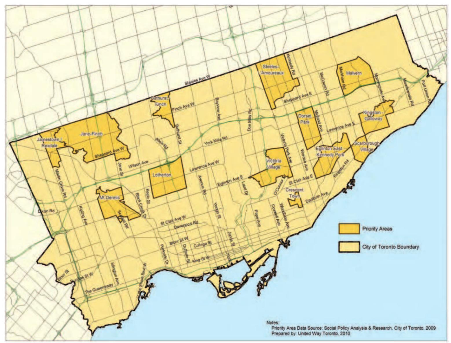 Map of toronto's 13 priority neighbourhoods, designated for