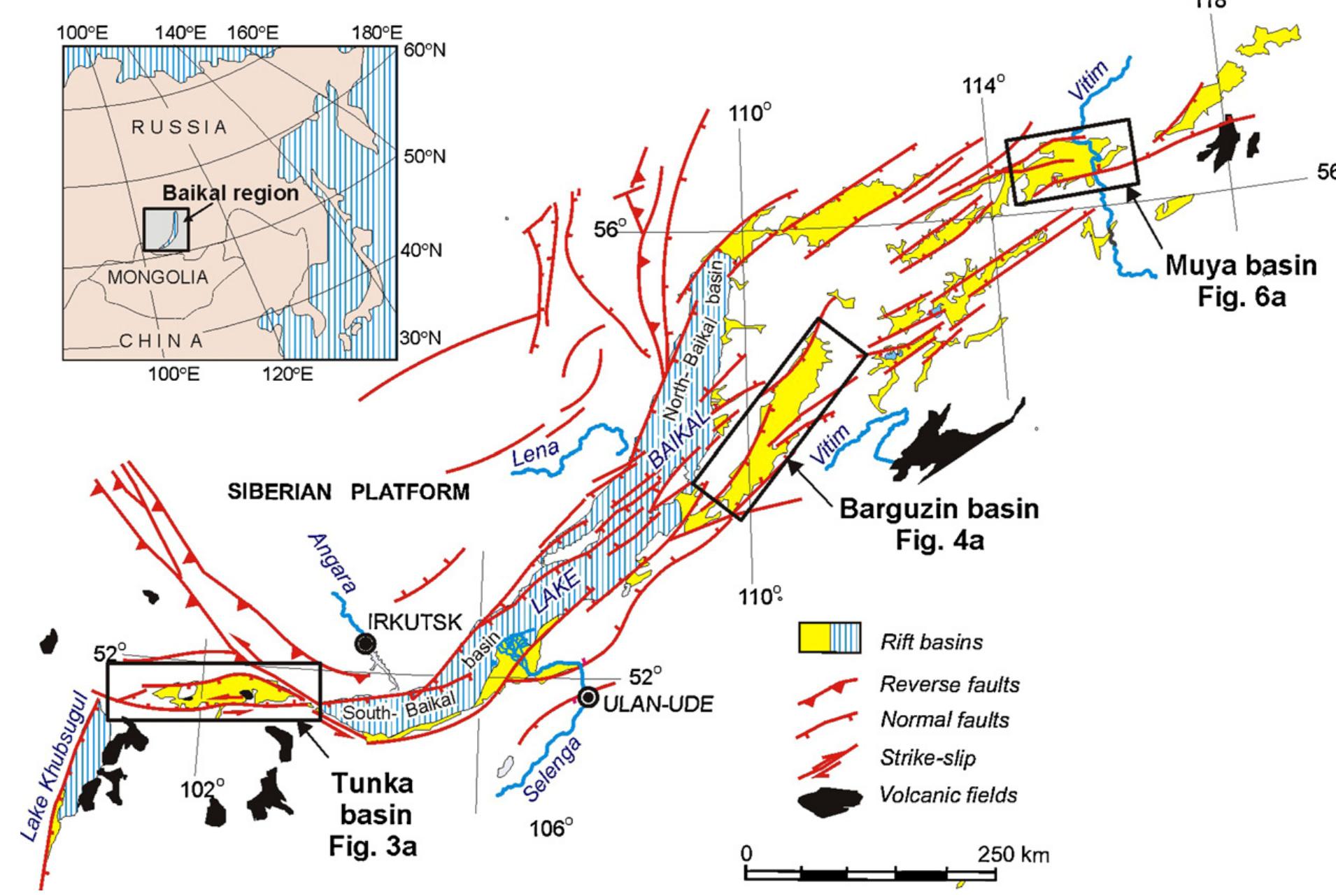 Simplified structural map of the baikal region and locations
