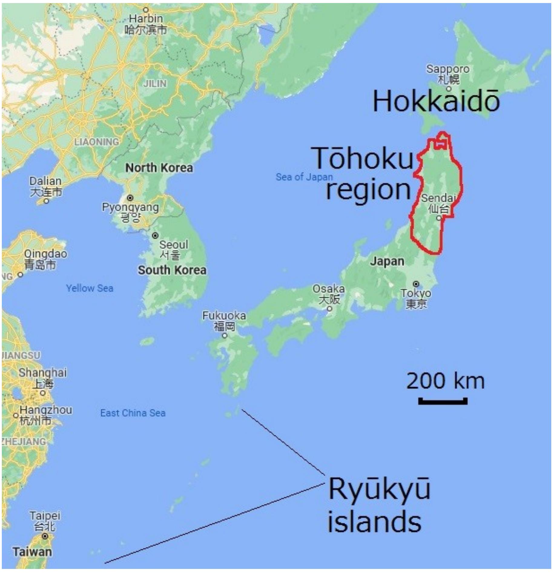 Map showing locations of hokkaid6, tohoku and ryukyu (map