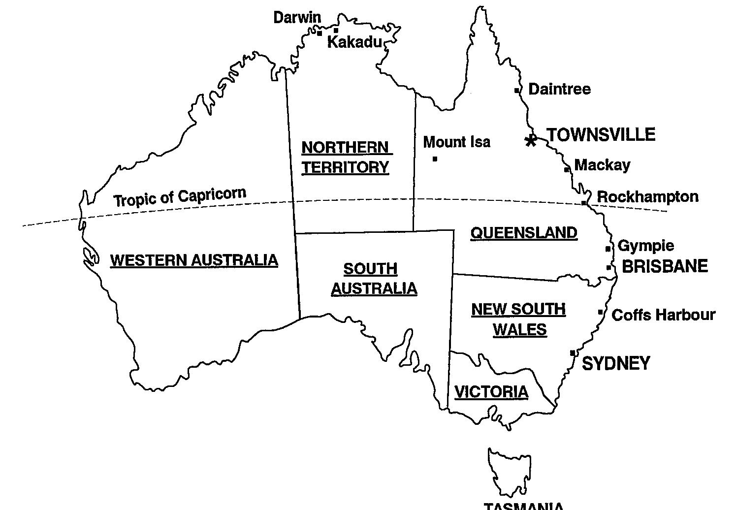 Map of australia showing the location of both australian
