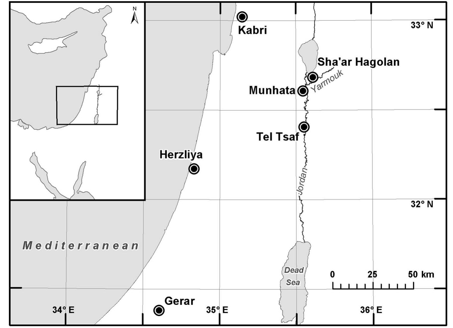 Map showing the location of tel tsaf and other sites in the