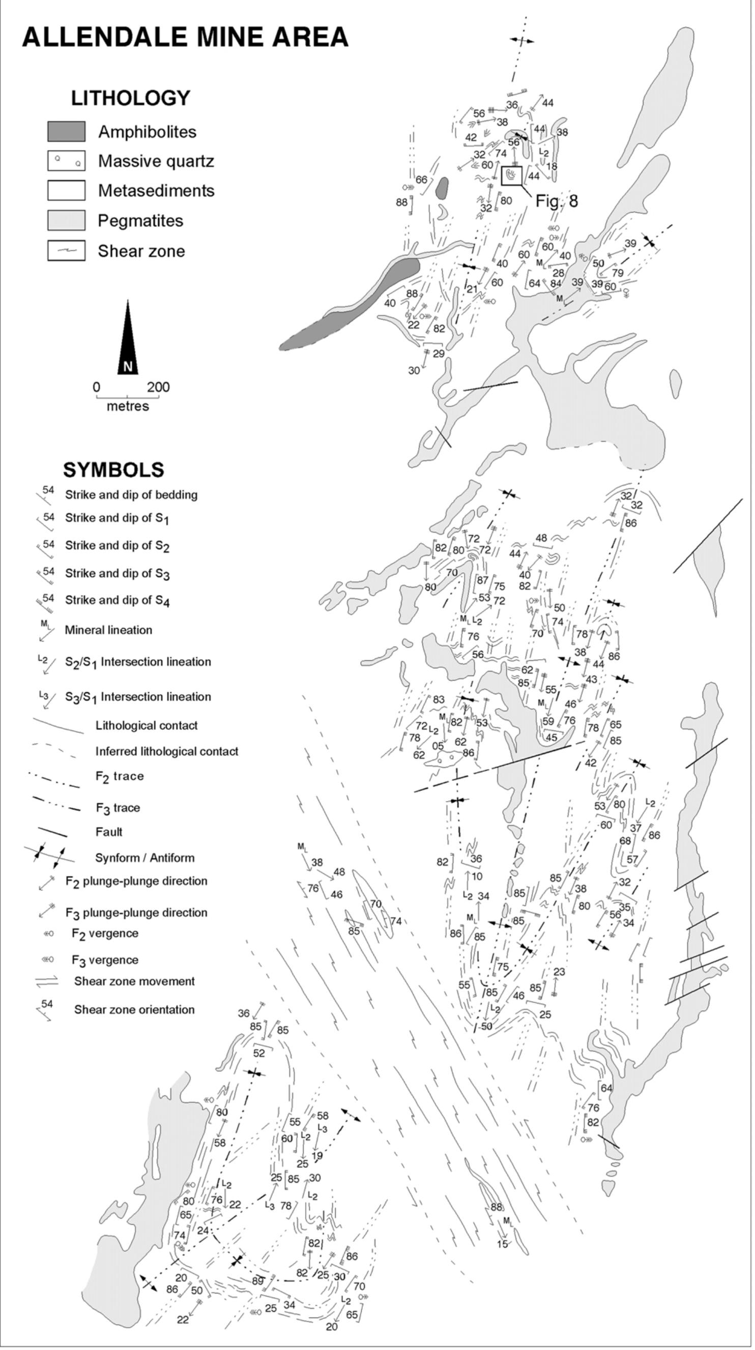 Geological map of the allendale mine domain. the outcrop