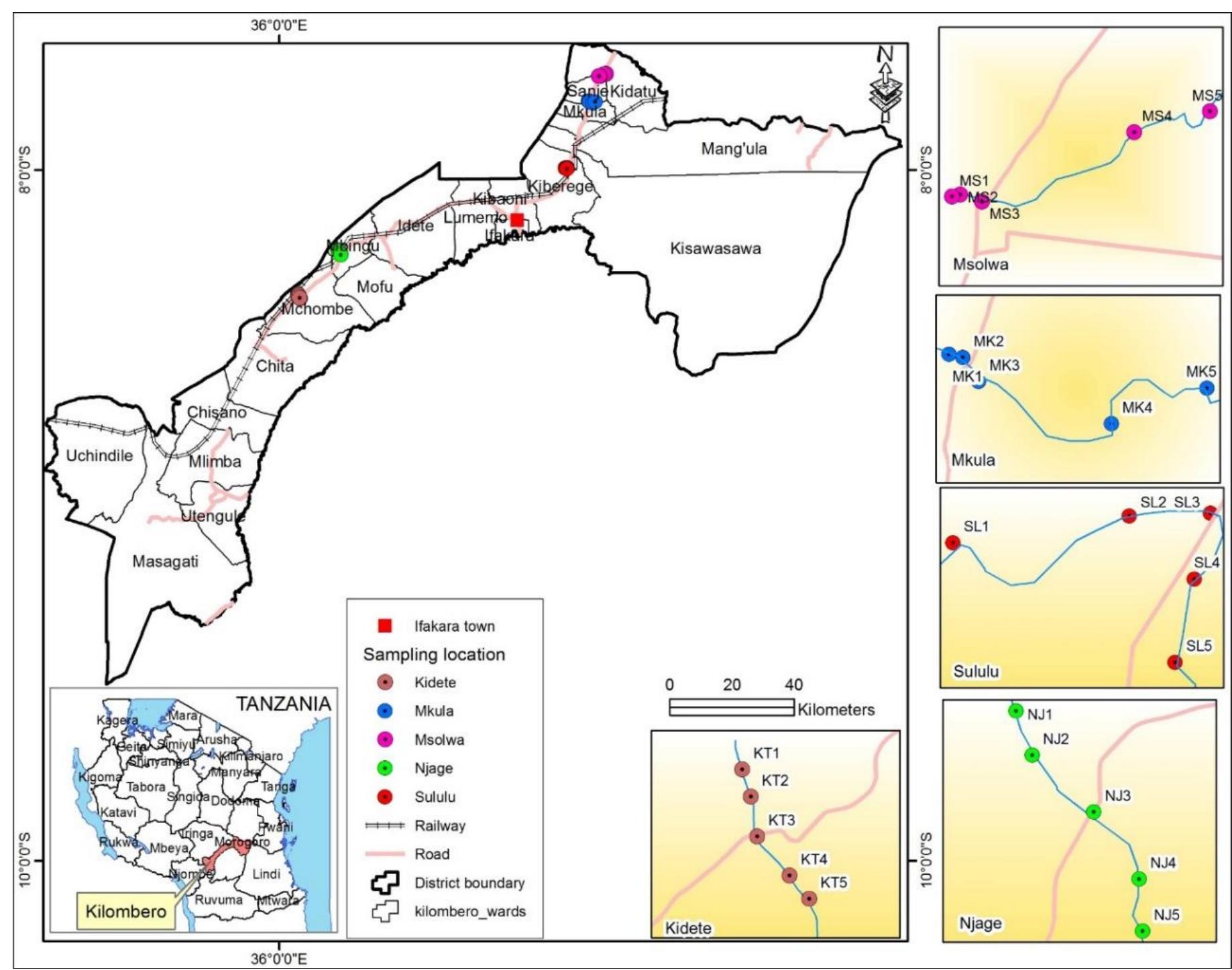 Map of kilombero valley, tanzania, indicating sampling sites