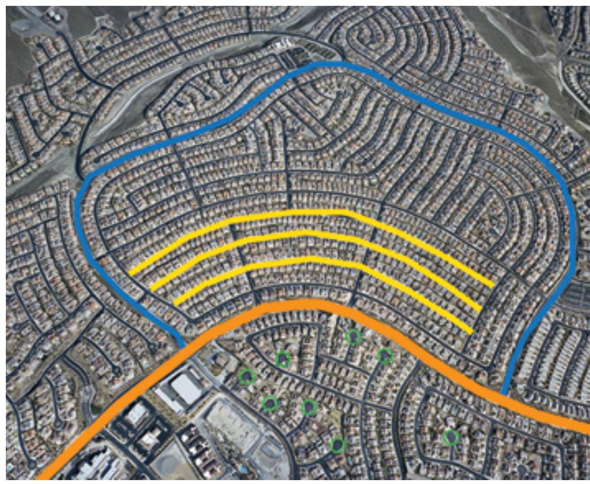 Diagram of street types. arterial streets (orange),