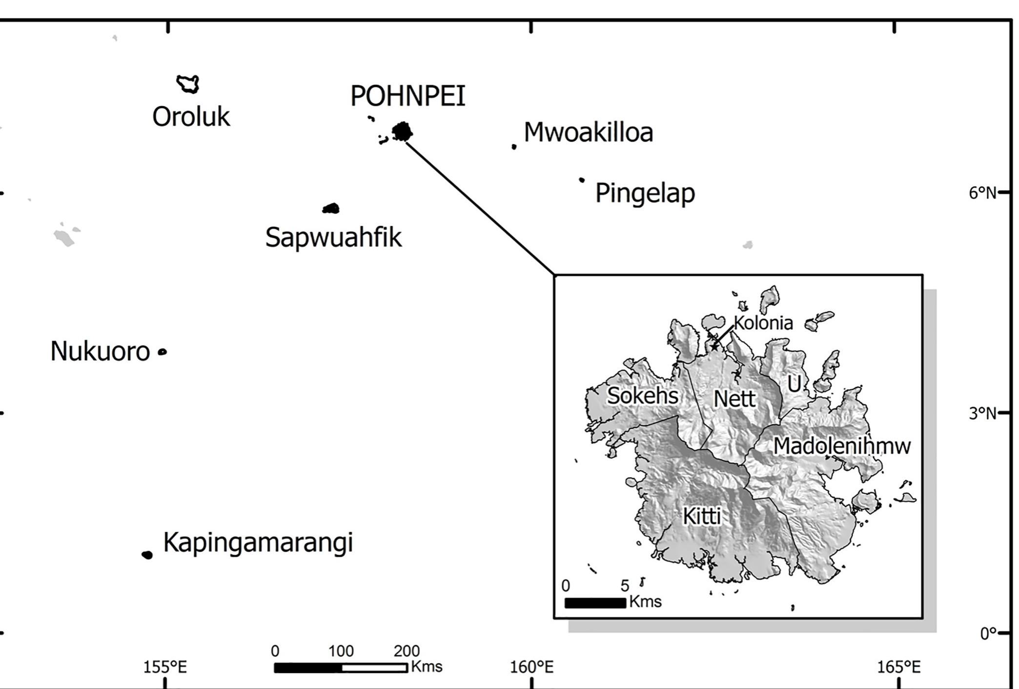 Map of pohnpei including pohnpeian atolls. this map shows