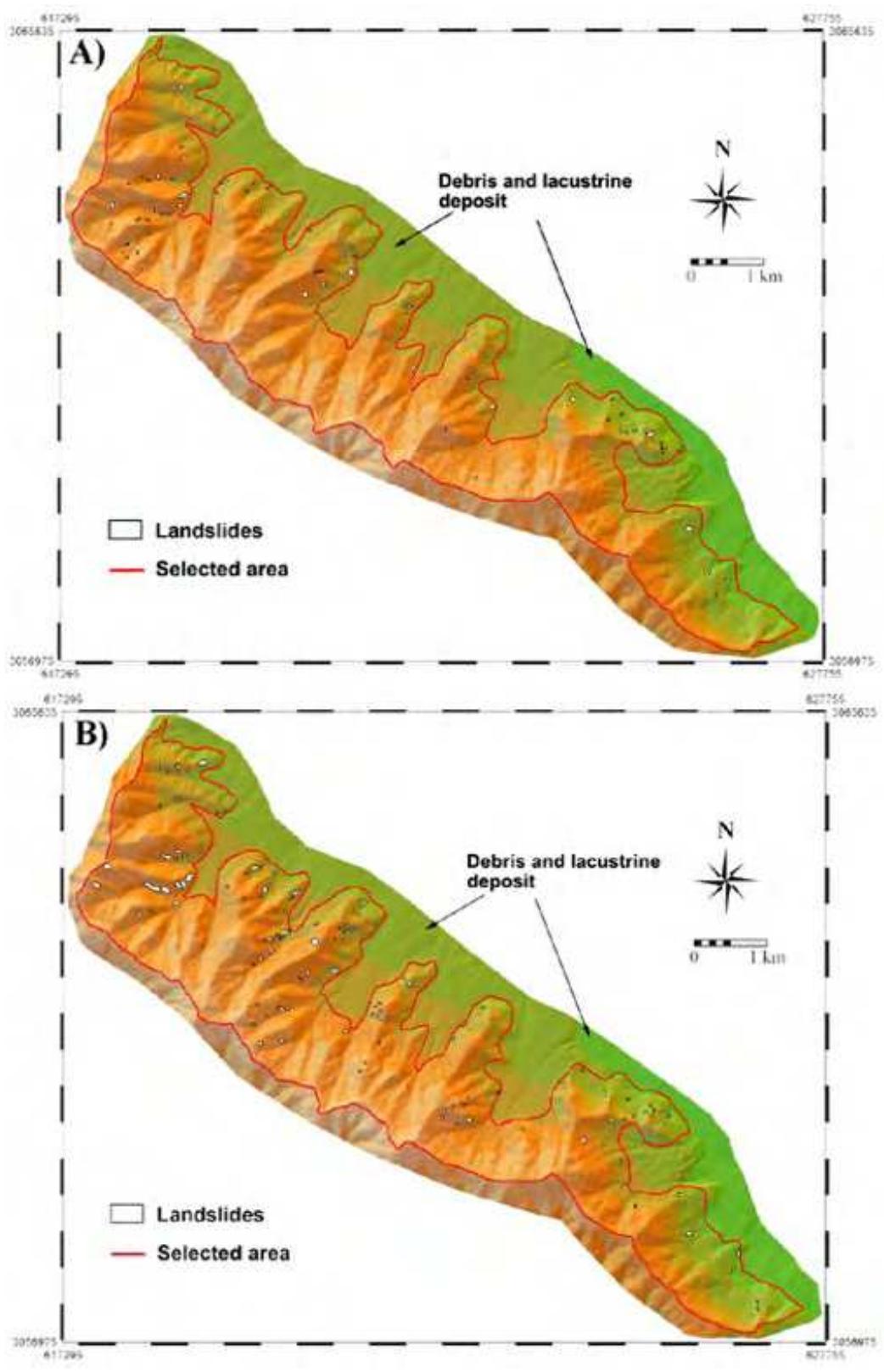 Landslide inventory maps of the study area, a) inventory map