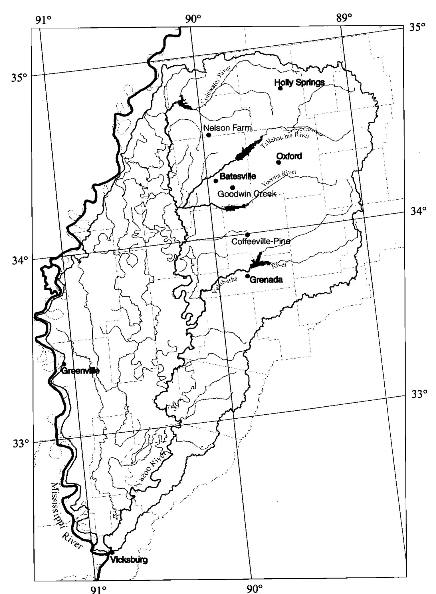 Site map showing yazoo river basin boundary, major