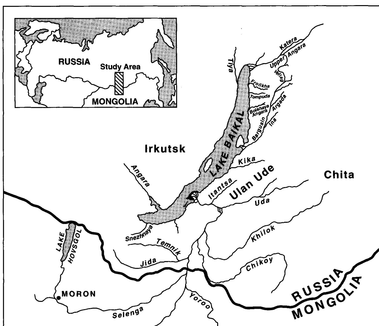 Map of lake baikal, its outlet the angara river, and its
