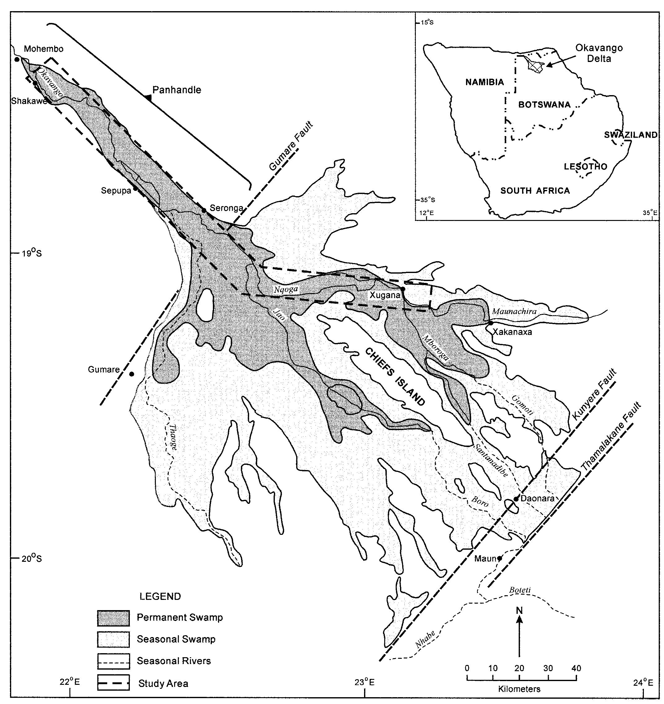 Map of the okavango delta showing the study area.