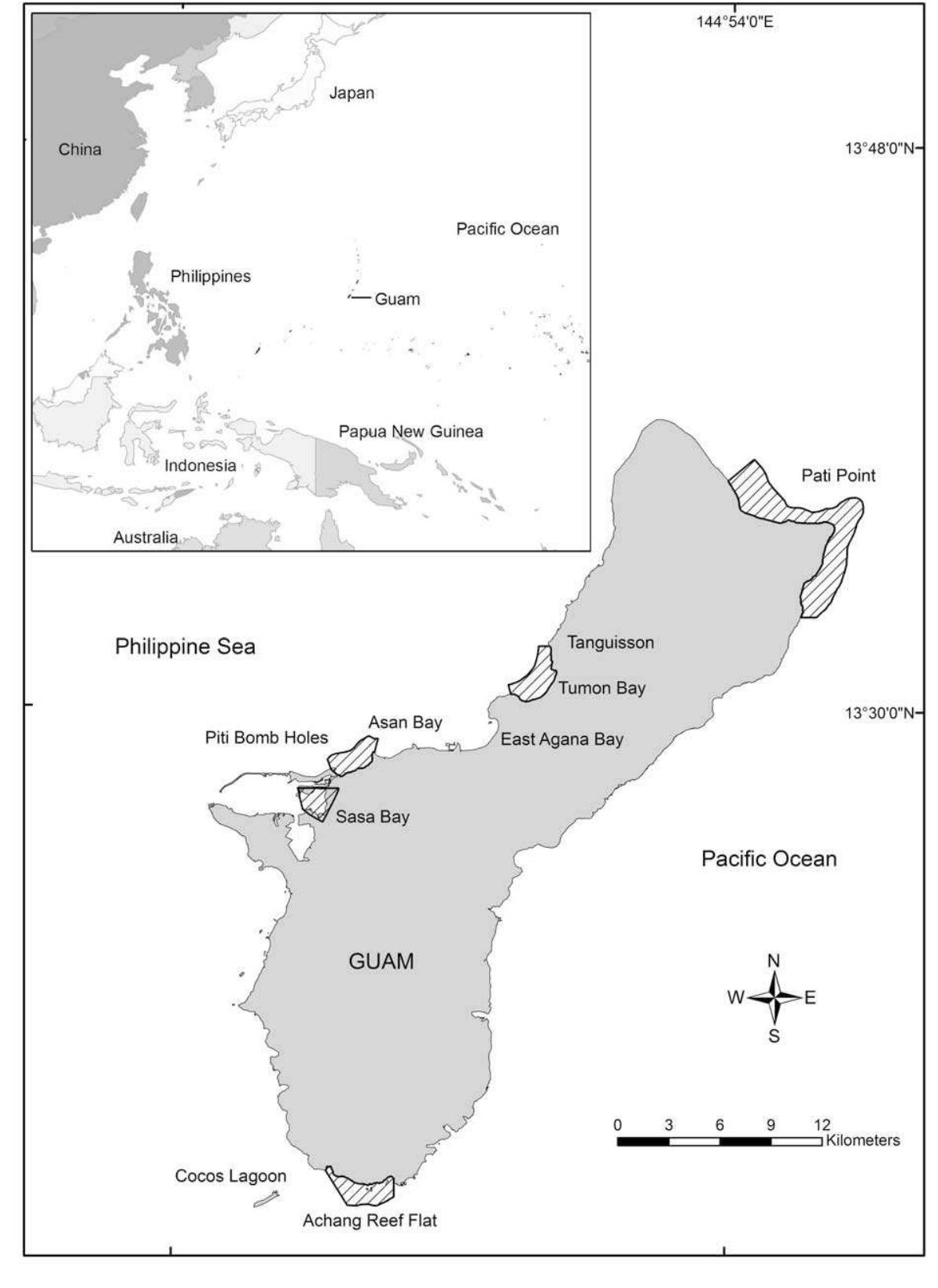 Map of guam showing the locations of the three marine