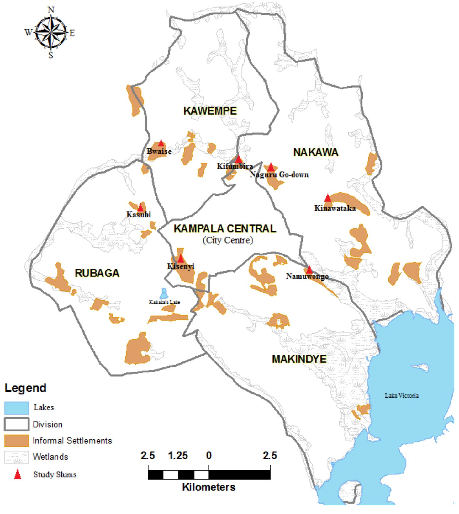 Map of kampala capital city showing the study slums
