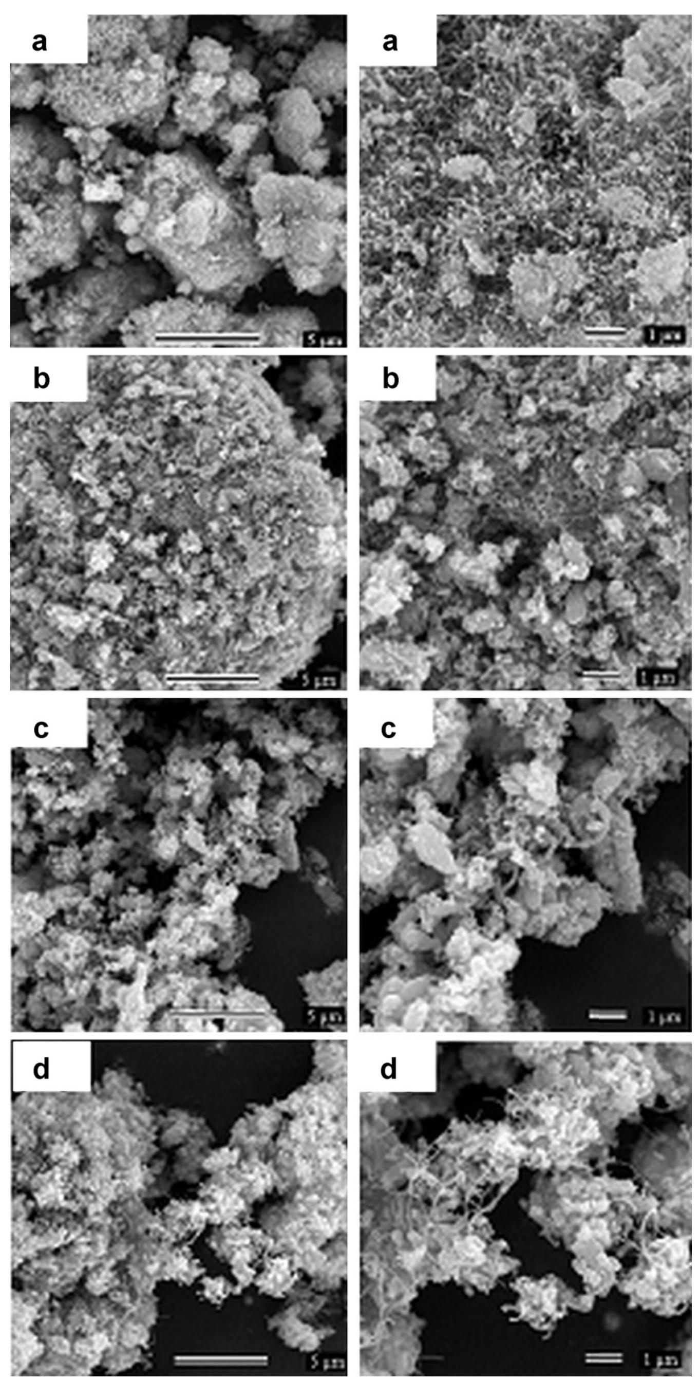 Sem images of fe203 (a) before and (b-d) after the tpre at
