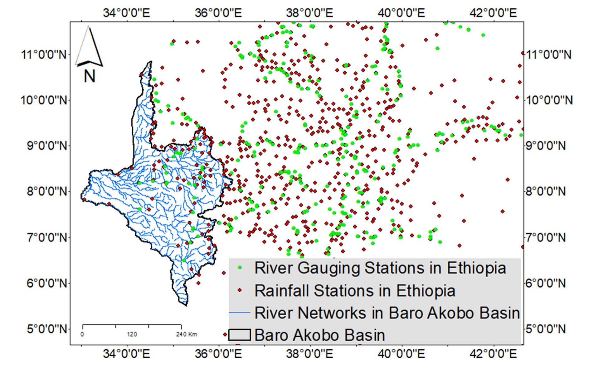 Map of rainfall stations, river gauging stations, and baro