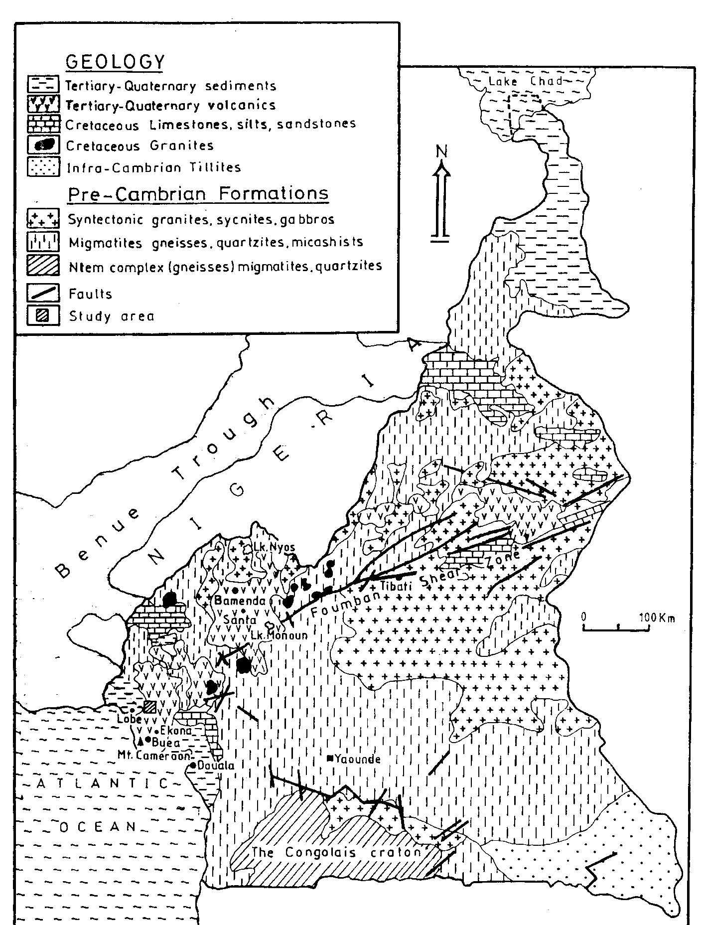 Geologic map of cameroon showing major structural features
