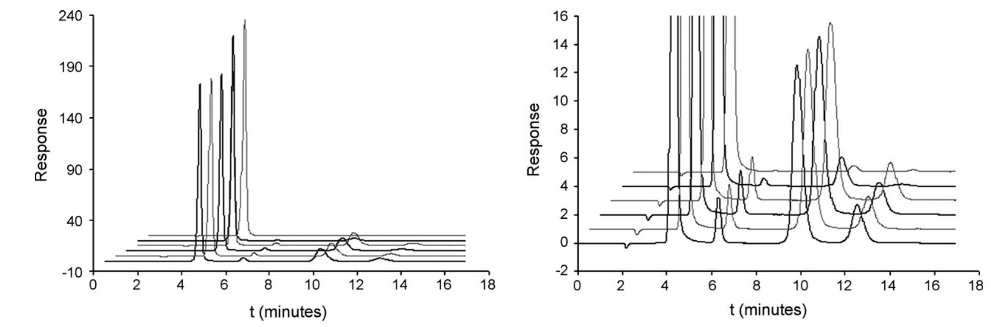 Chromatograms represented in bottom-up sequence and obtained