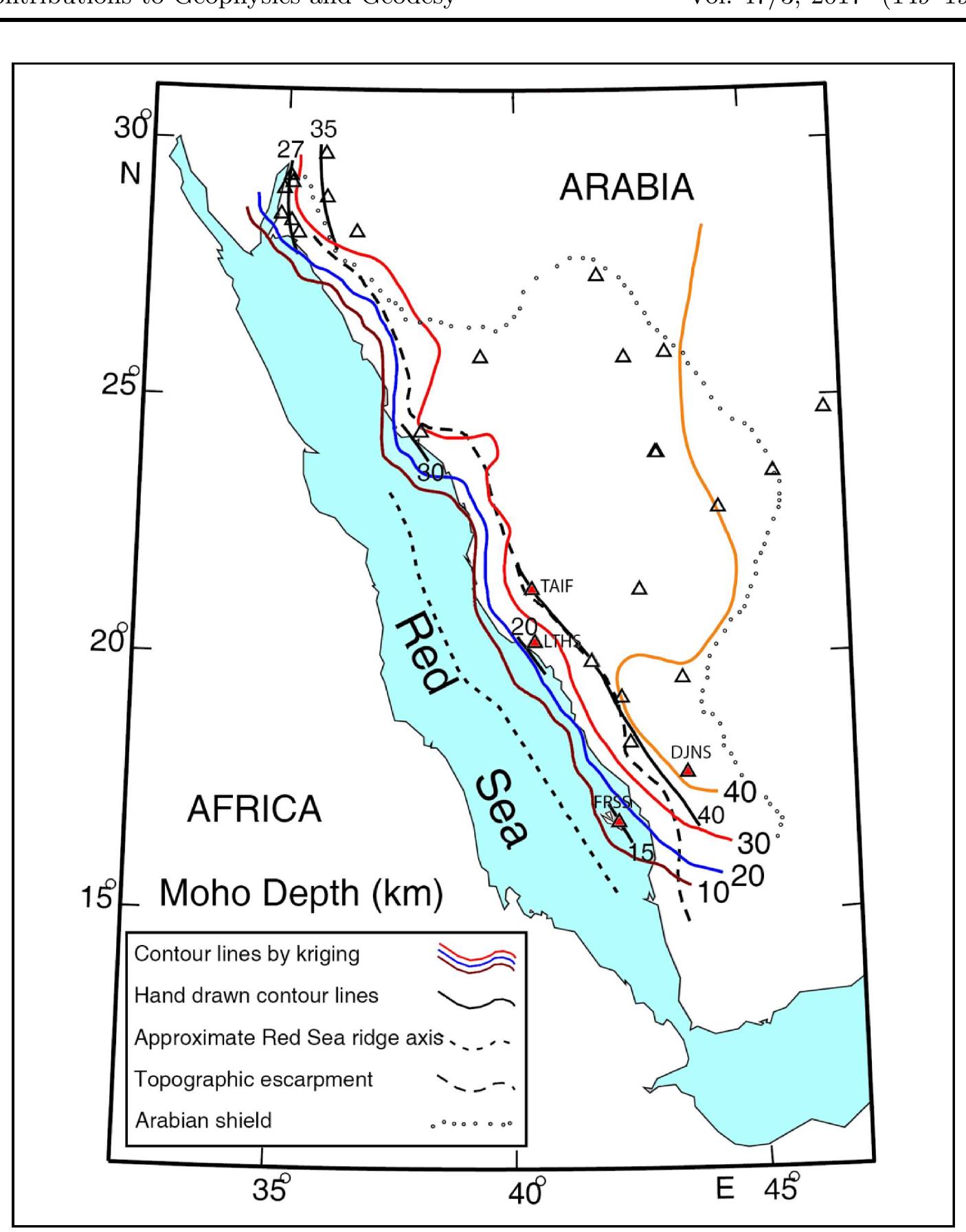 C. map showing the crustal thickness contour map (moho