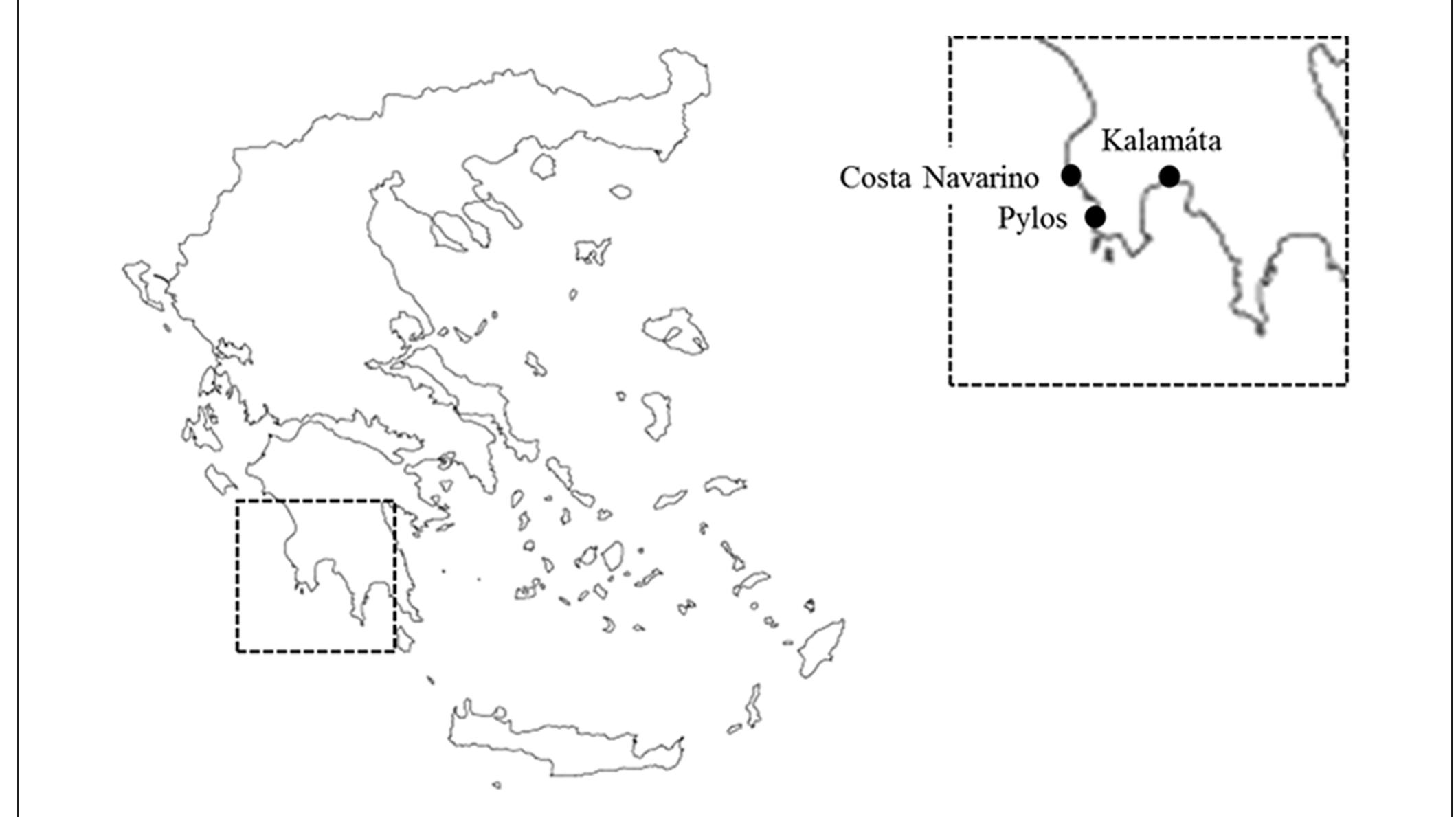 |. map of greece; cutout of the area surrounding messinia