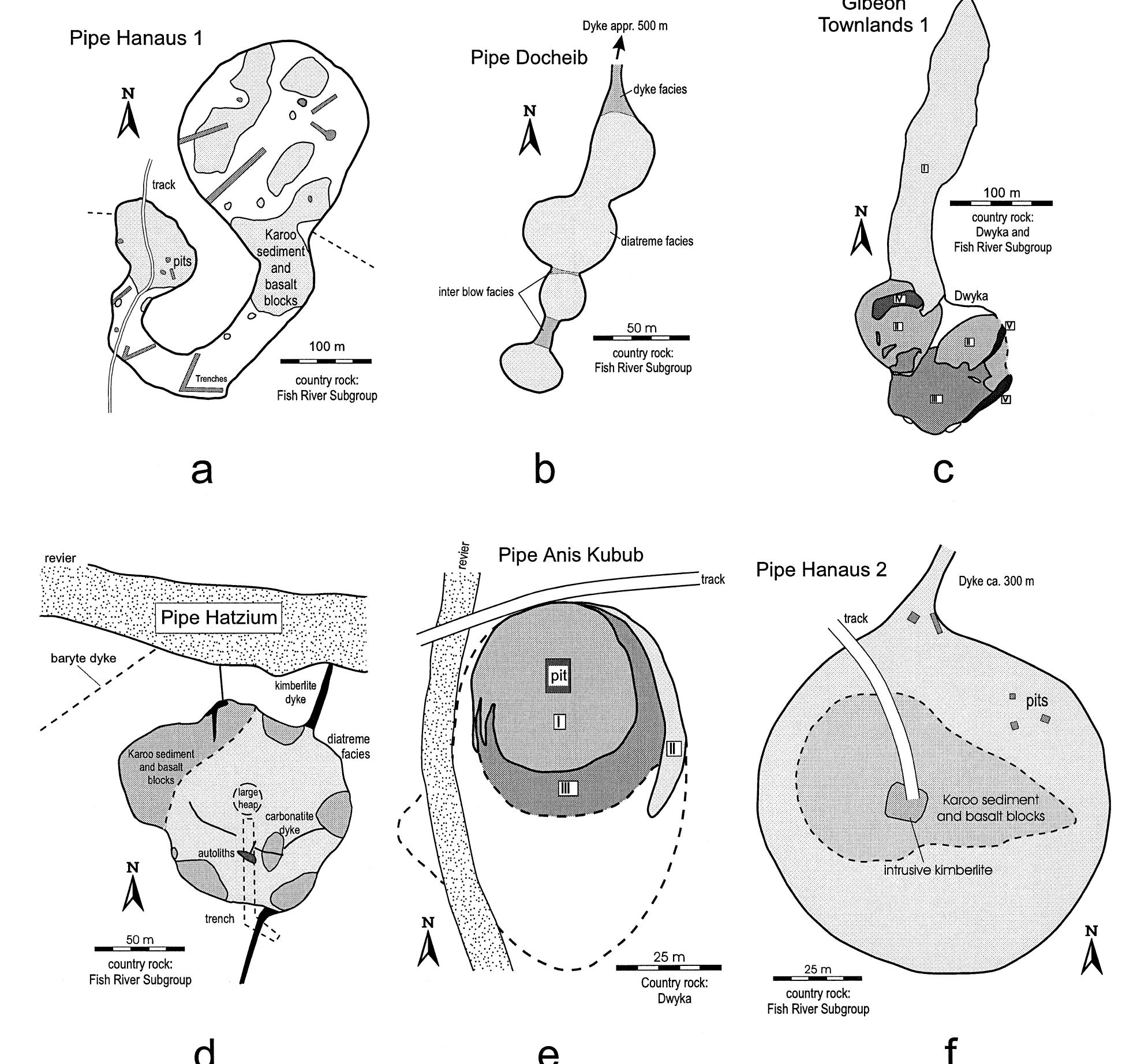 Schematic geological maps of selected kimberlite diatremes.