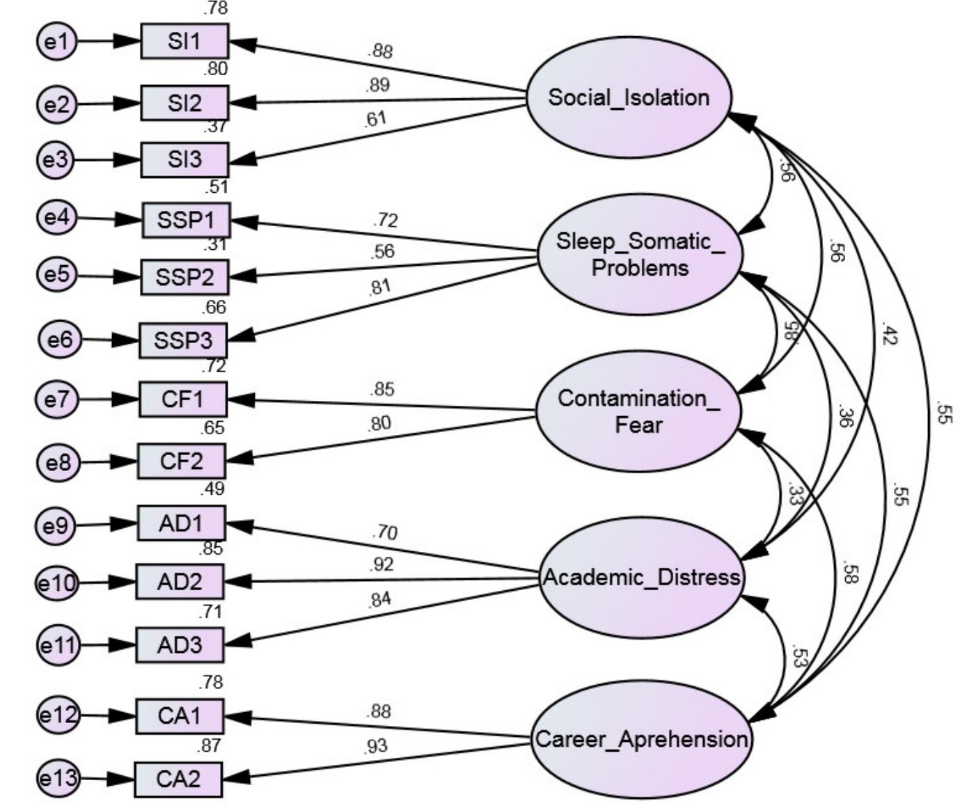 Model diagram of the five-factor model of the student covid