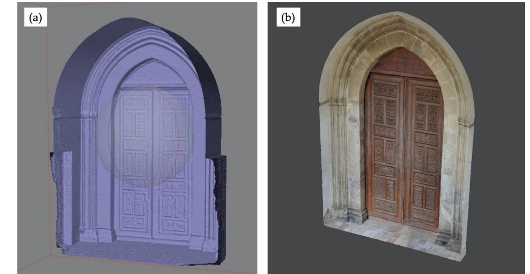 (a) the mesh model with no texture; (b) final 3d model with
