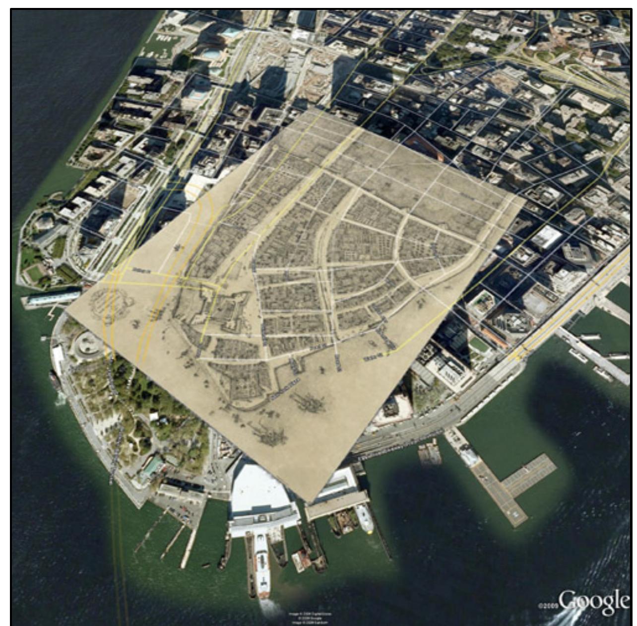 Historical map of manhattan’”4 overlaid on google imagery.