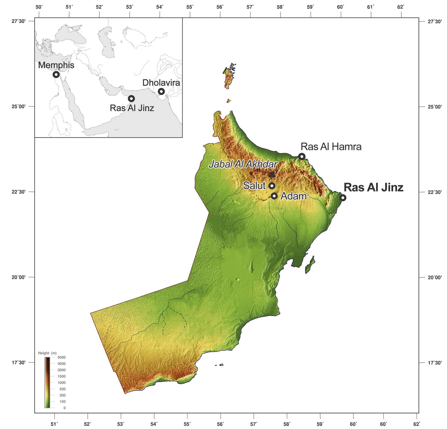 Map of the sultanate of oman with indication of the sites