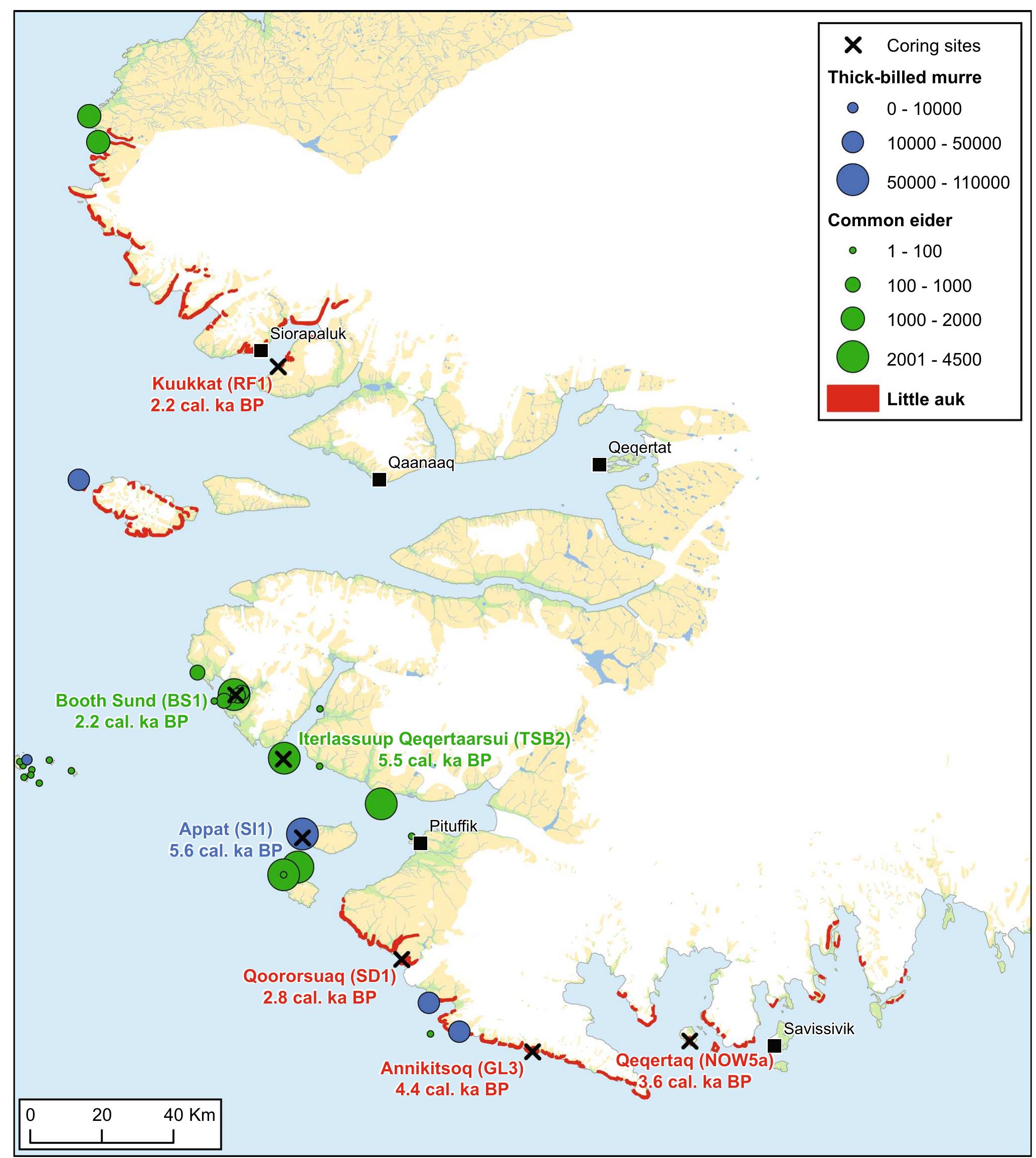 Overview map of the coring sites and breeding colonies of