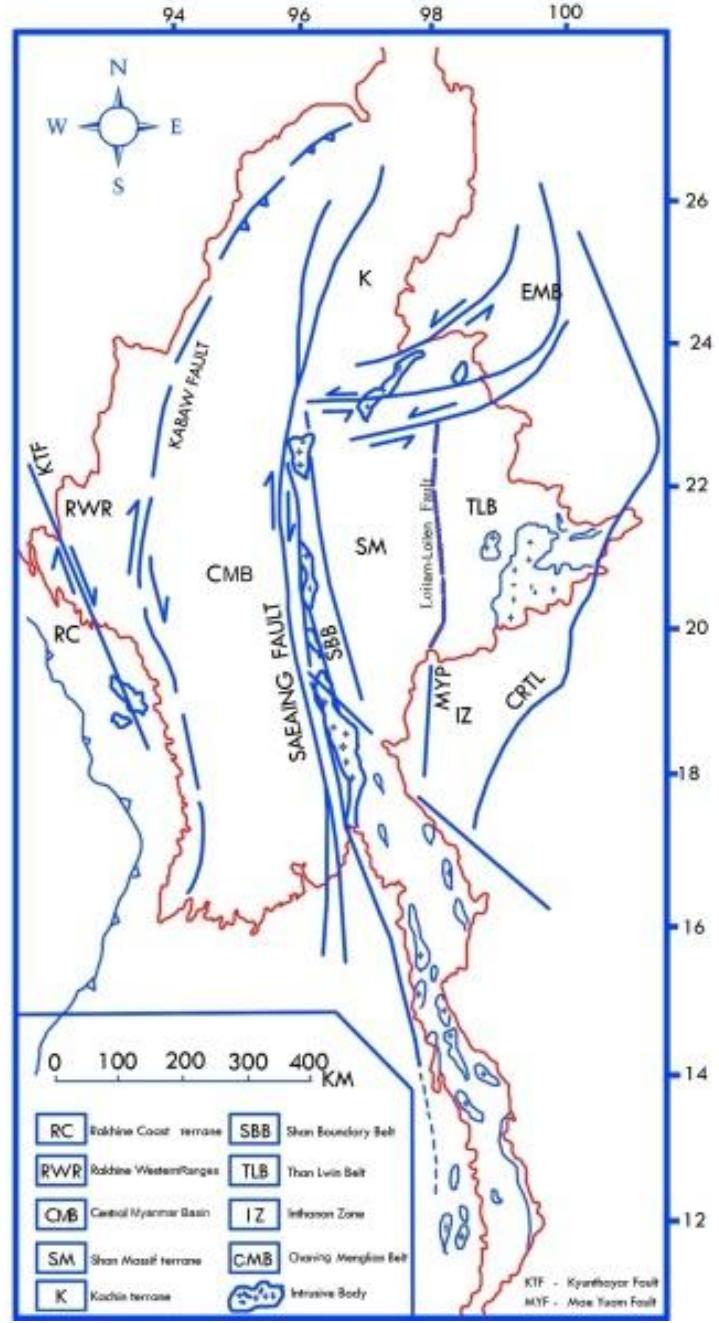 Tectonostratigraphic map of myanmar showing 4 terranes and 3