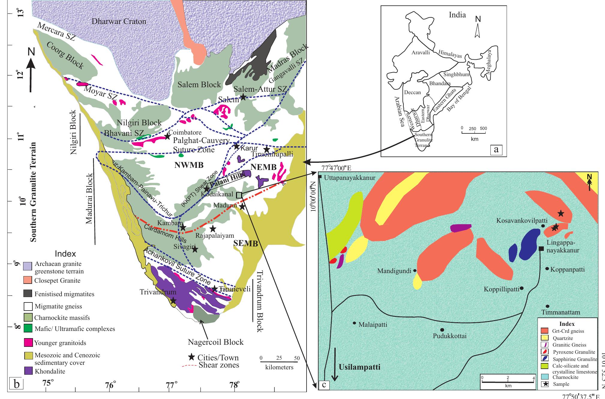 A — reference map of india; b — map of southern india