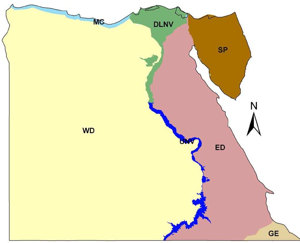 Map of bioregions in egypt. legend: dlnv, delta and lower