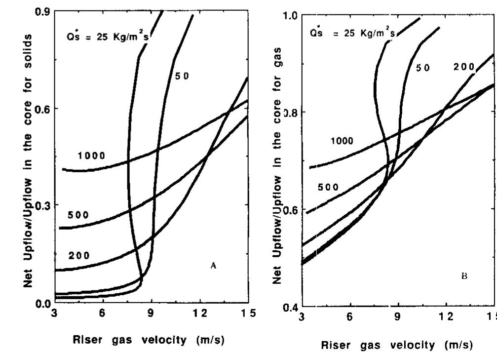 Extent of recirculation in the riser tube. (a) gas phase;