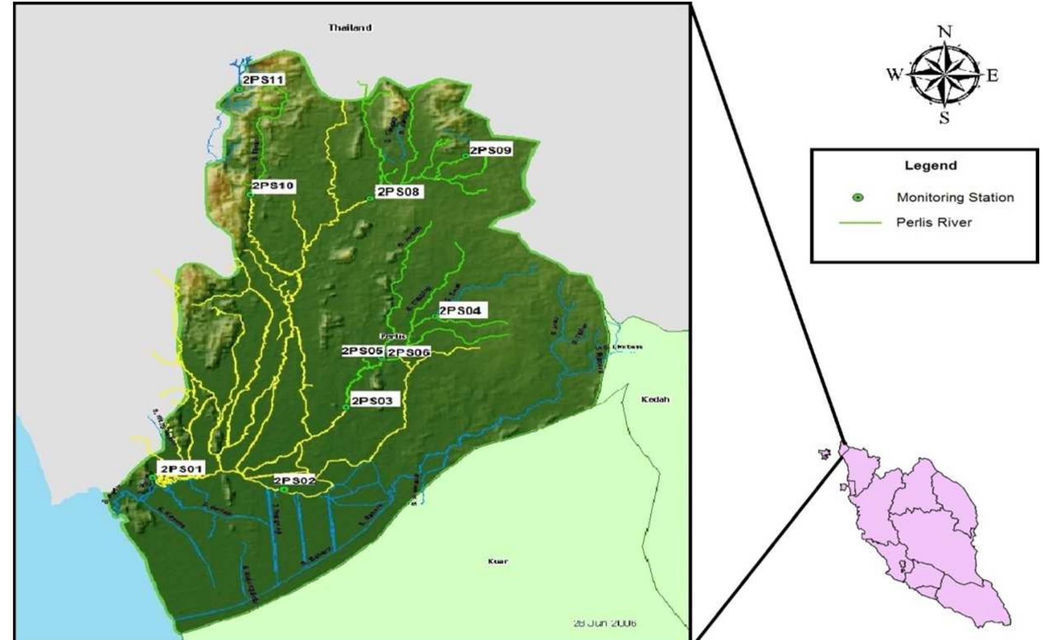| map of perlis river with 11 water quality monitoring