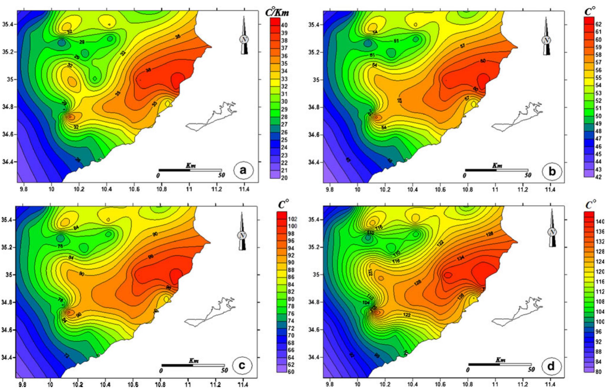 A geothermal gradient map of the study area, with the