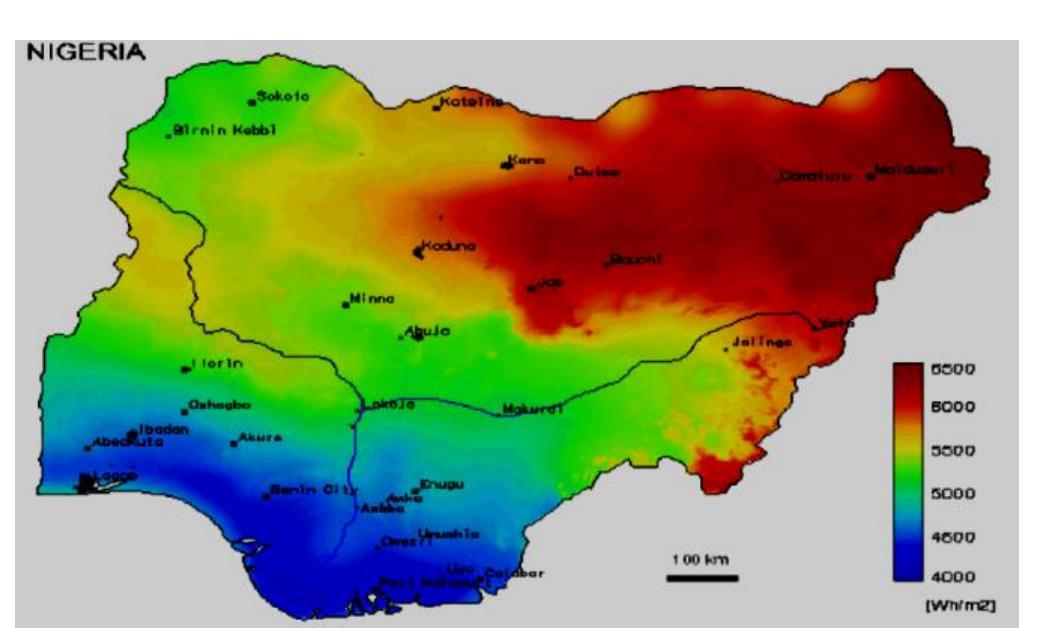 Solar radiation map of nigeria.[5] ill. solar power