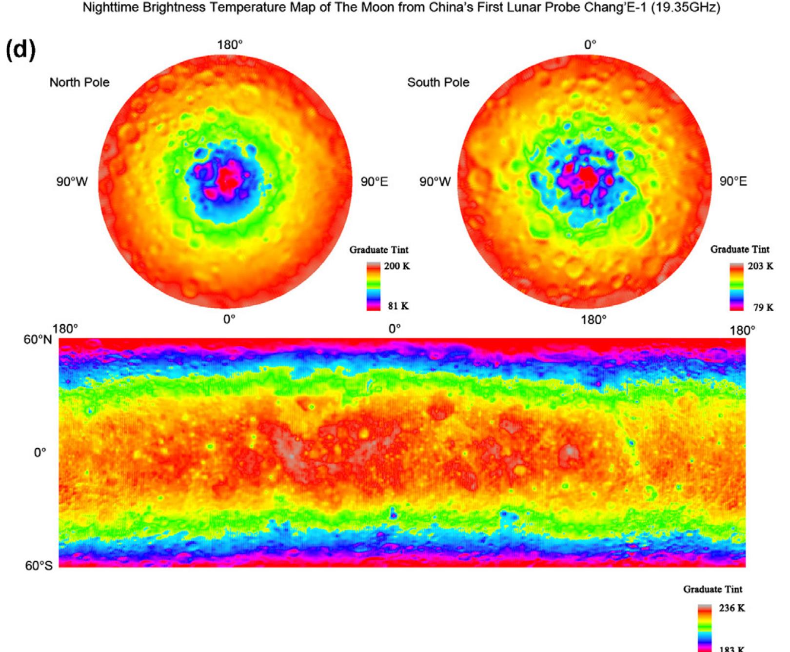 Nighttime brightness temperature map of the moon from