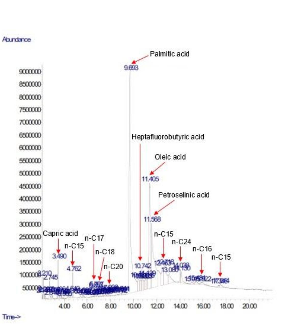 Gc-ms spectra of hydrocarbon liquid product using