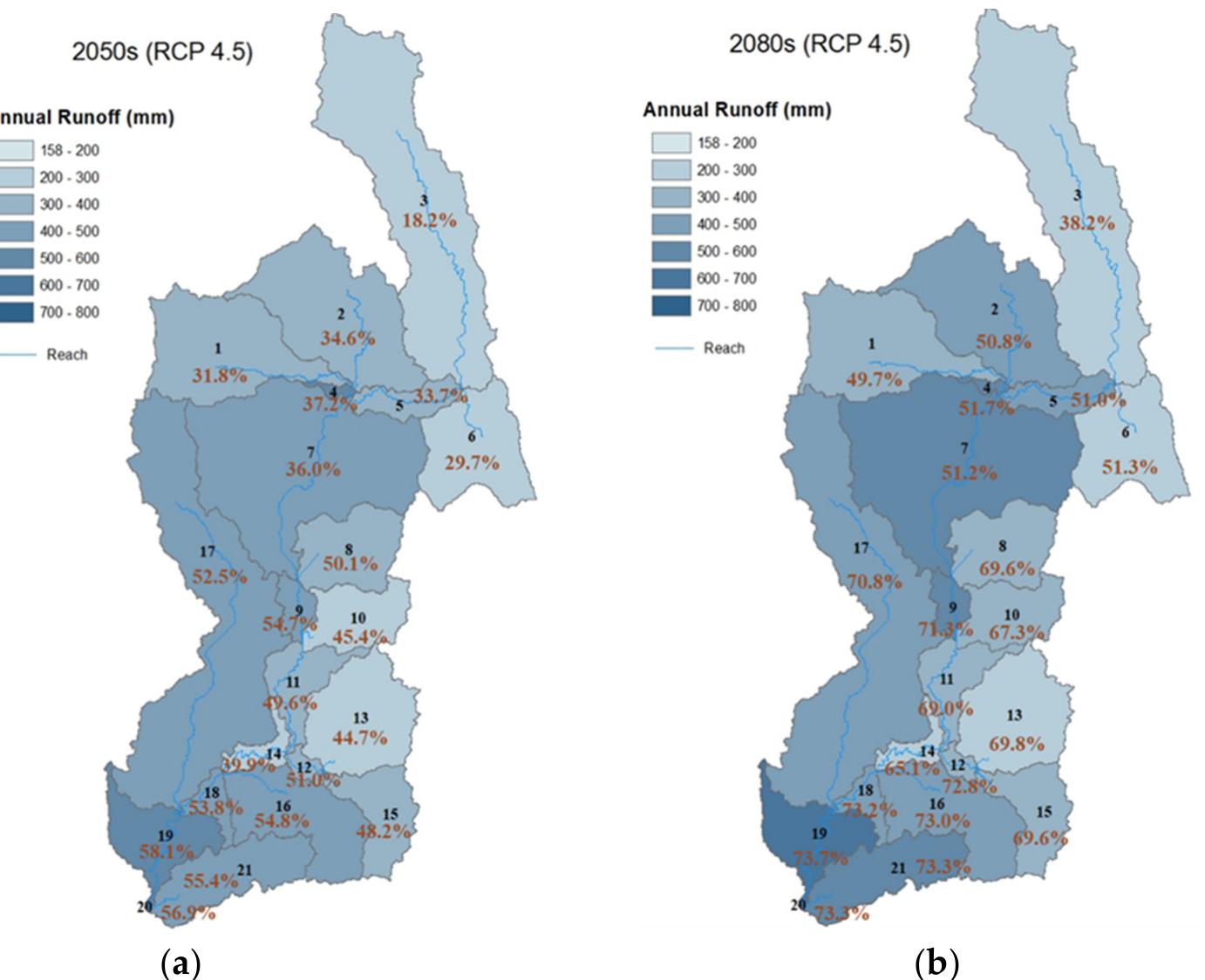 The annual runoff map of the 21 sub-basins of prb for the