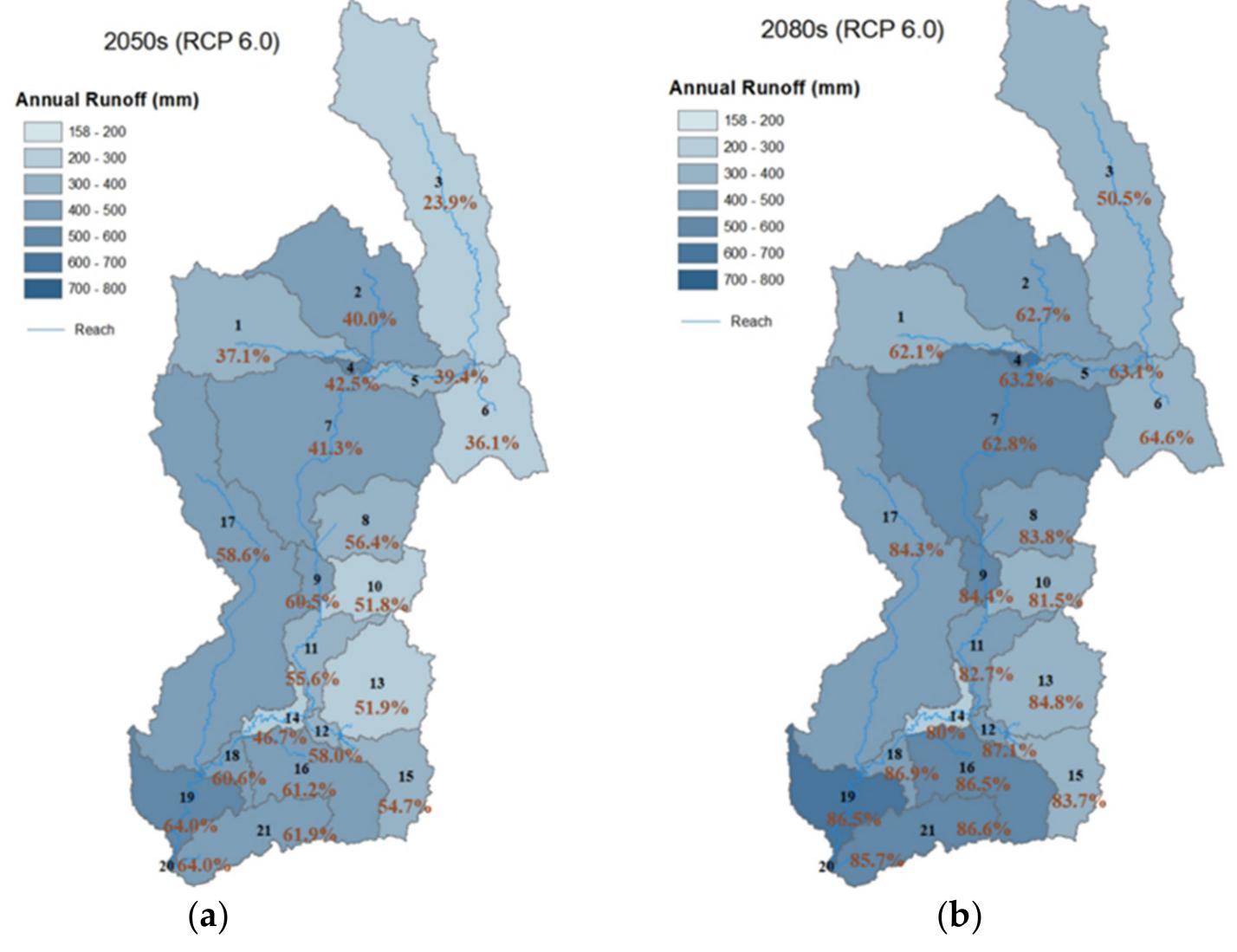 The annual runoff map of the 21 sub-basins of prb for the