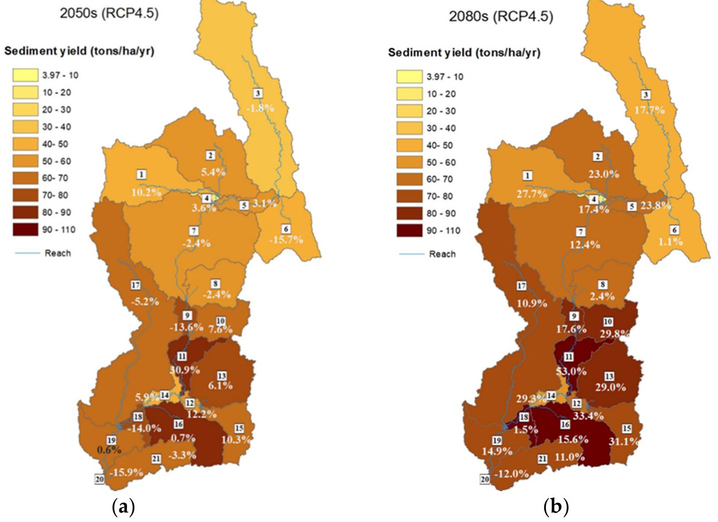 The sediment yield map of 21 sub-basins of prb for the