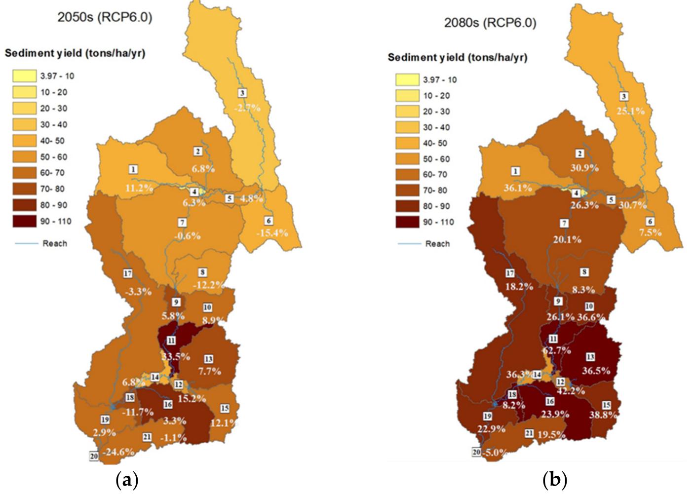 The sediment yield map of 21 sub-basins of prb for the