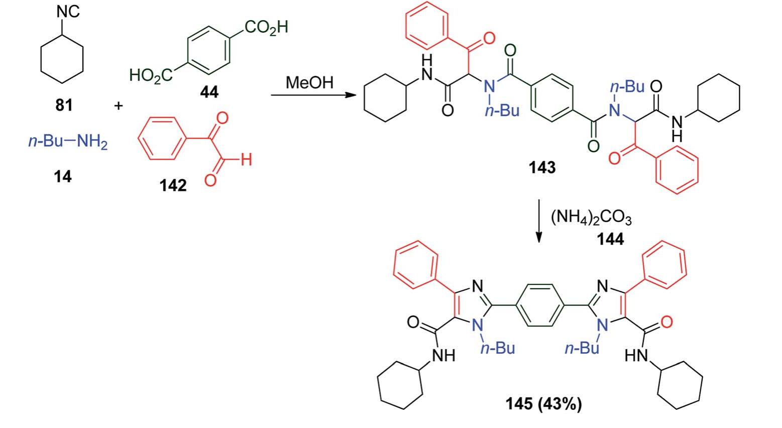 Two-pot synthesis of benzene/imidazole systems.