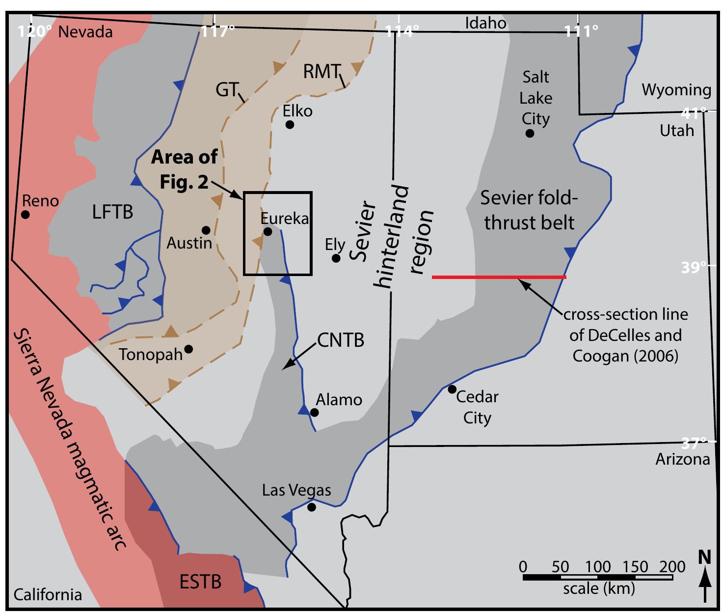 Map showing paleozoic and mesozoic thrust systems of nevada,