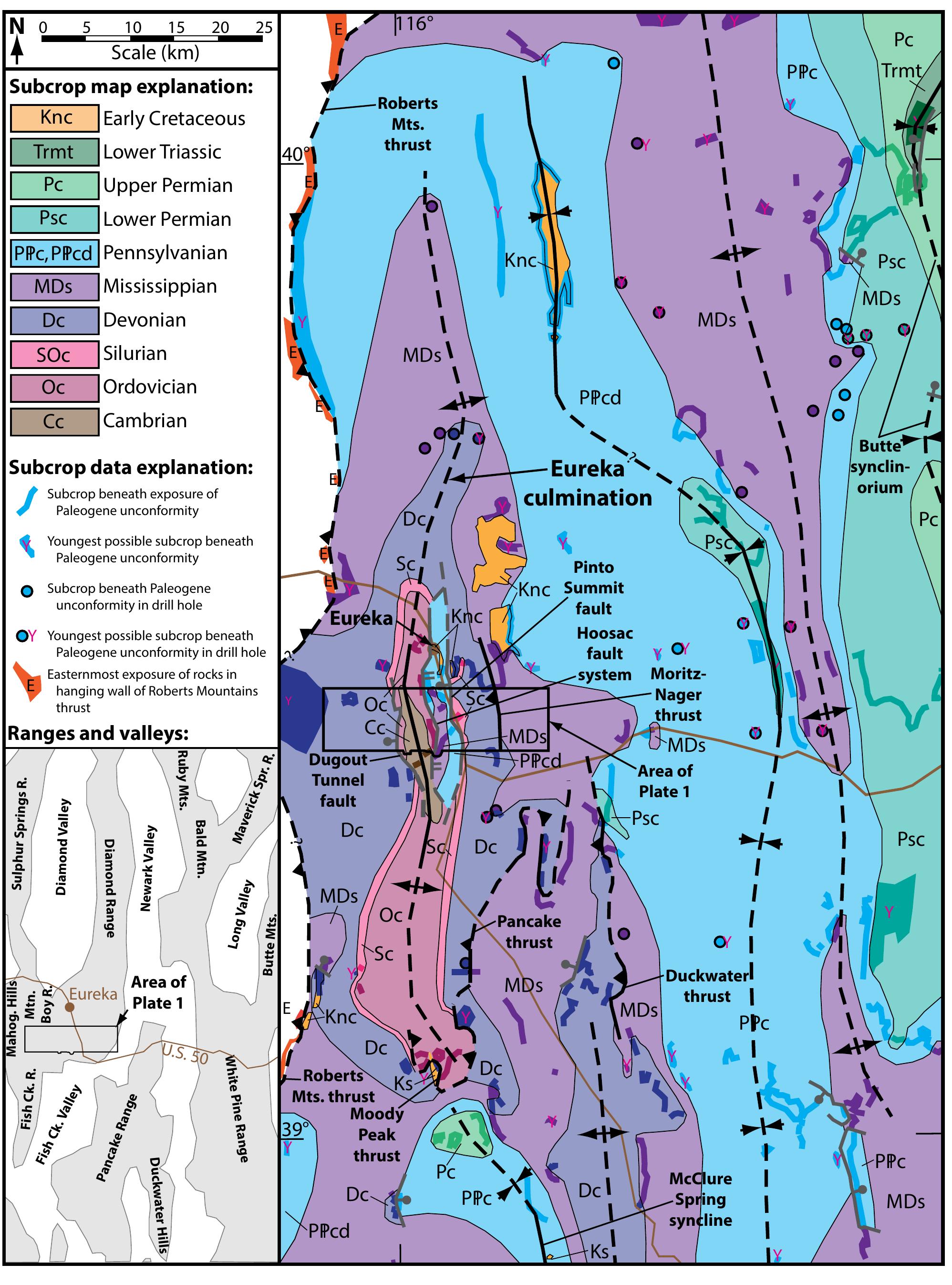 Paleogene subcrop map of eureka region (modified from long,