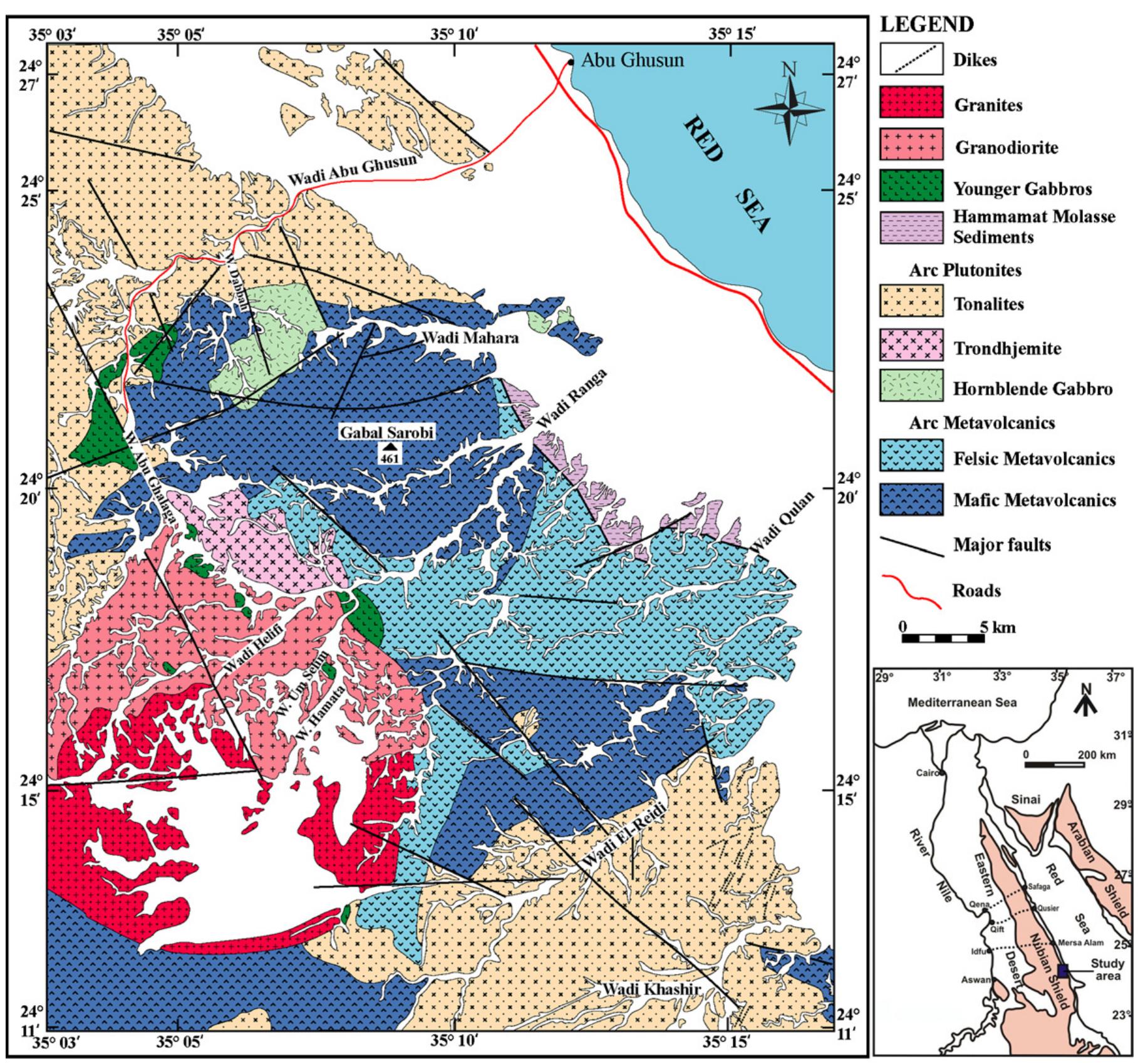 Geological map showing the different rock units of wadi